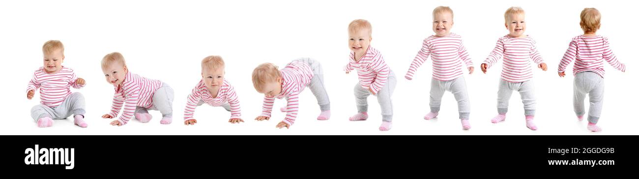 Cute baby learning to walk and taking first steps on white background ...