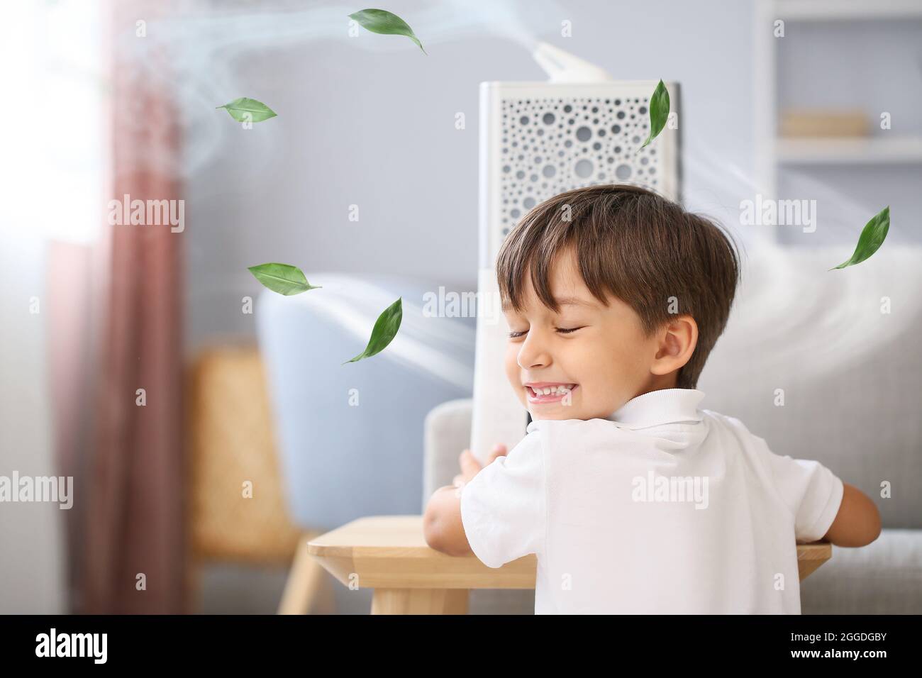 Little boy with modern humidifier at home Stock Photo - Alamy