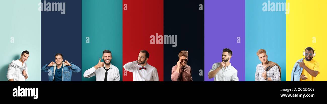 Set of stylish men on color background Stock Photo - Alamy