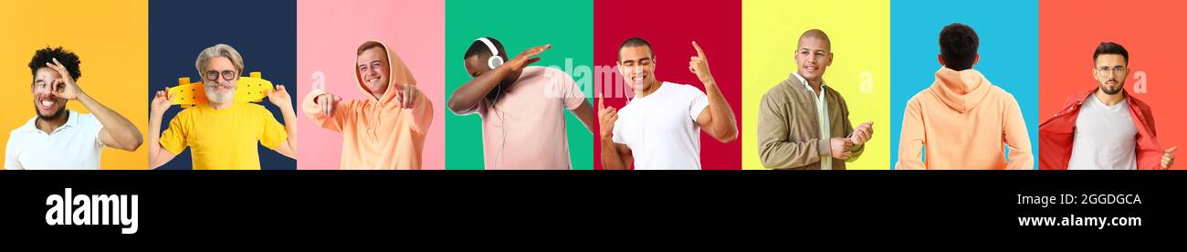 Set of stylish men on color background Stock Photo - Alamy