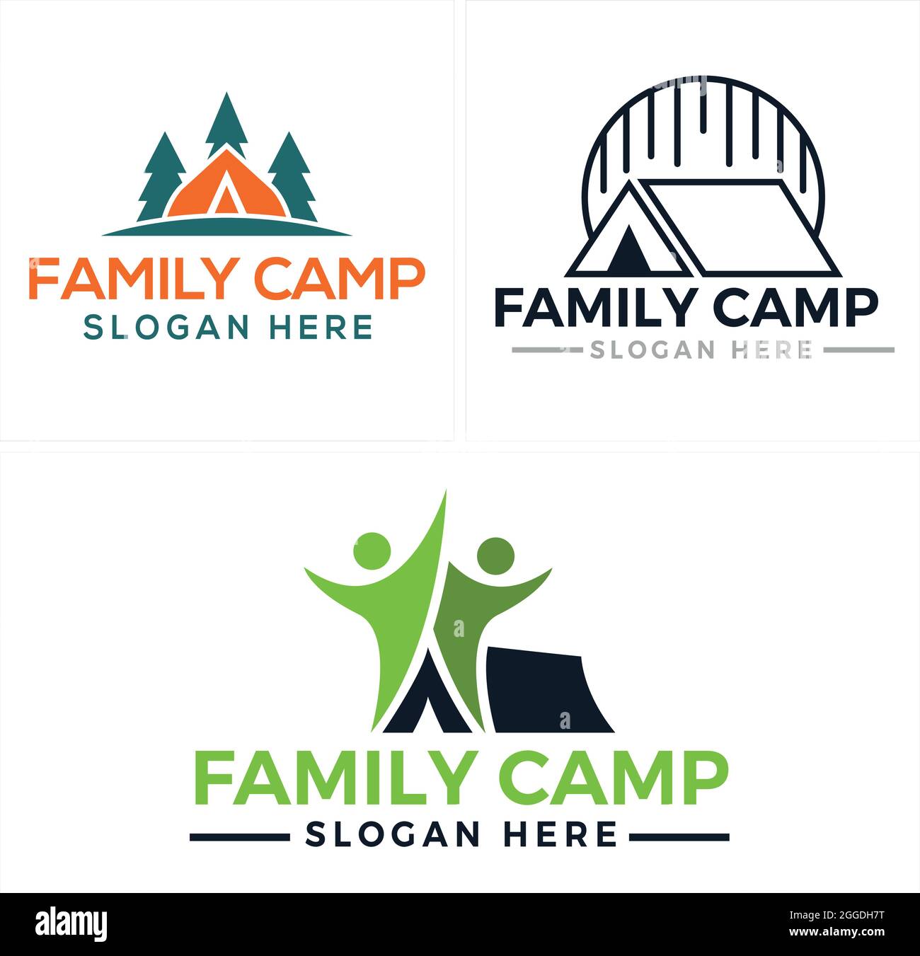 Camp family vacation recreation with tree pine and tent logo design ...