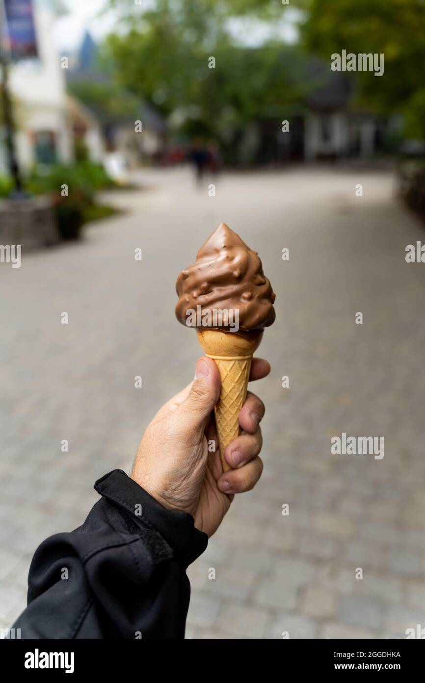 Vertical shallow focus shot of a human hand holding a chocolate ice ...