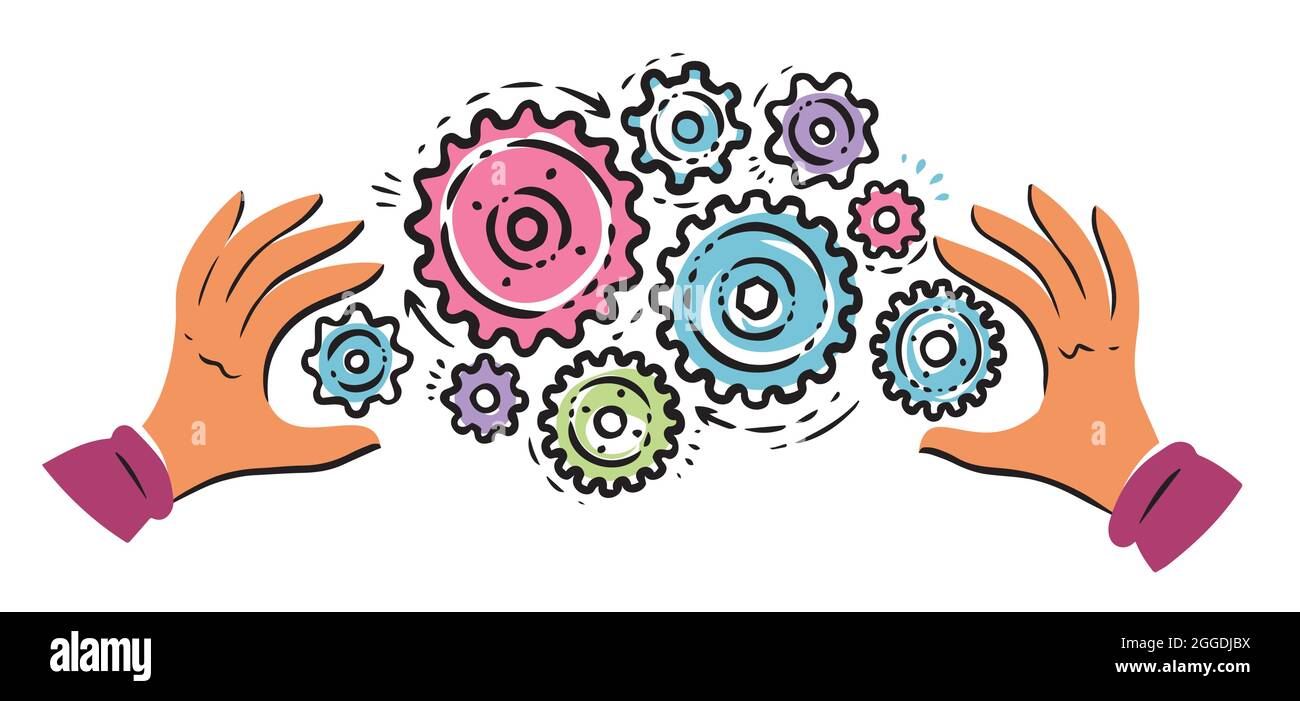 Hands turning gears. Teamwork and integration concept. Vector ...