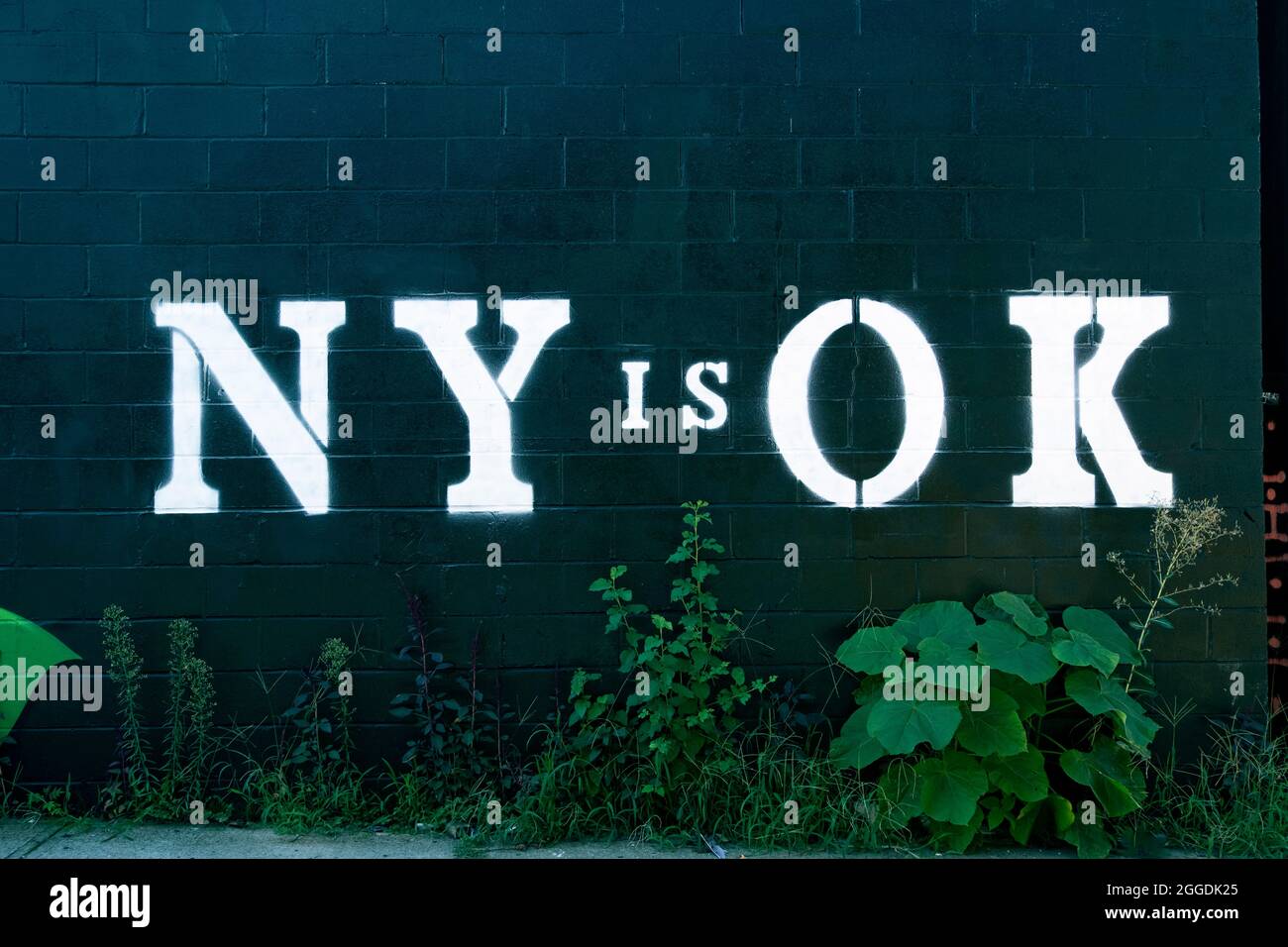 A sign painted onto a brick wall saying the NY is OK. In Astoria ...