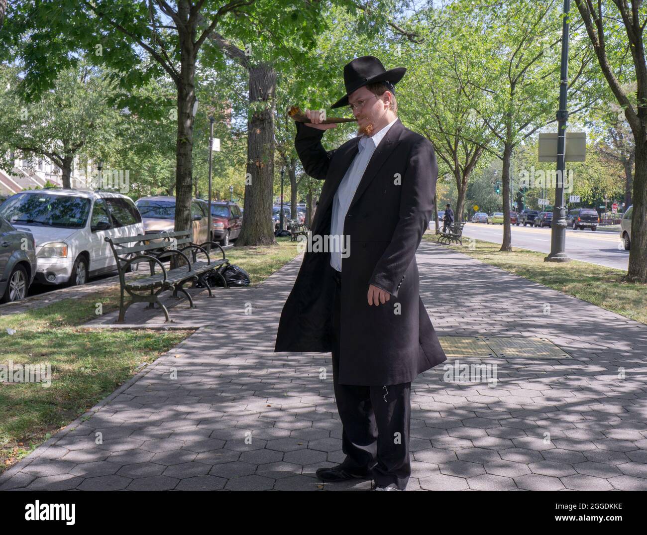 An orthodox Hasidic man blows a shofar in Elul, the month prior to the ...