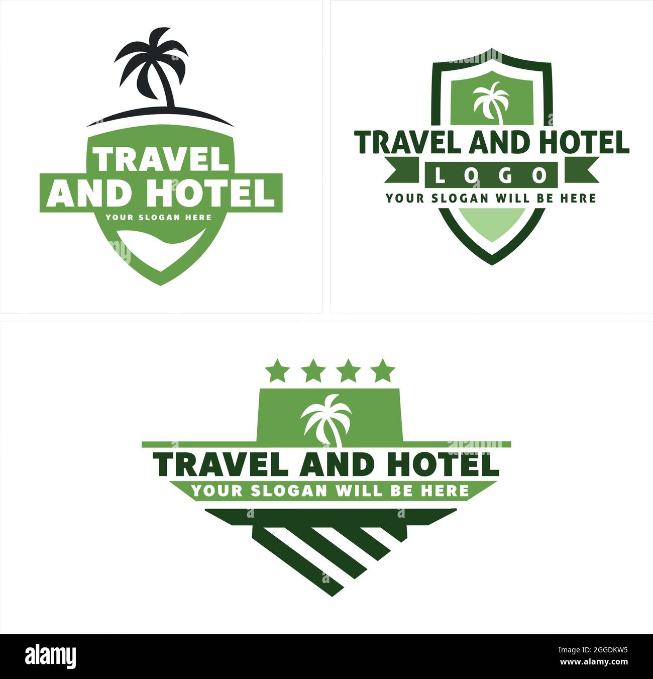 Shield badge logo with tree palm and star icon design travel hotel ...
