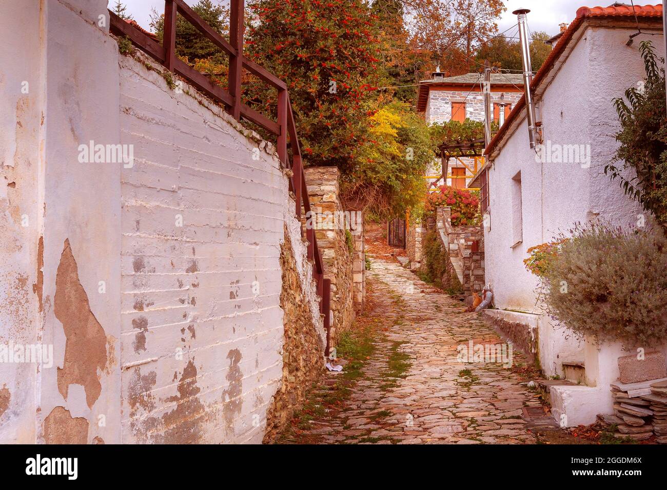 Makrinitsa village, Greece street view, Pelion mountains Stock Photo ...