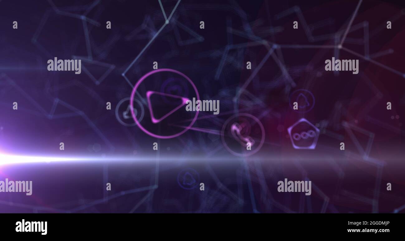 Network of digital icons against black background Stock Photo - Alamy