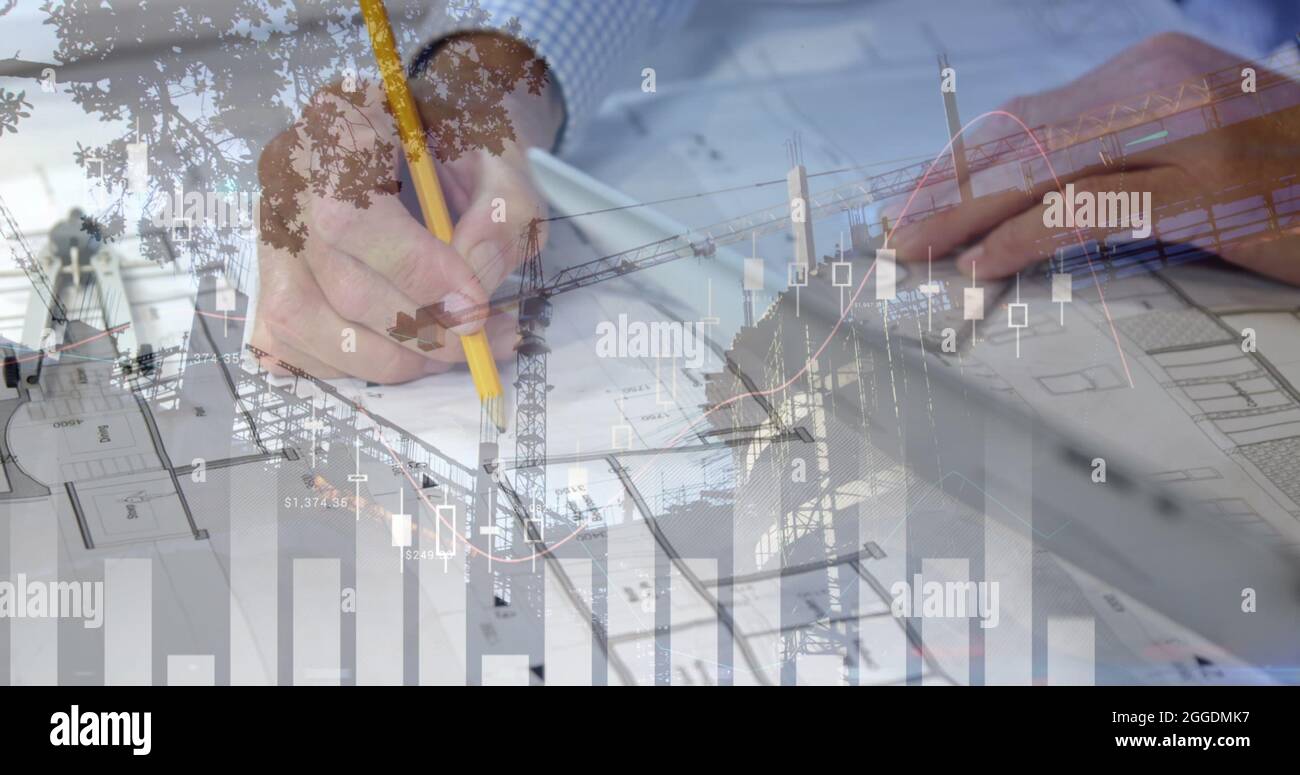 Different graphs, hands drawing and holding a tablet, and a building in ...