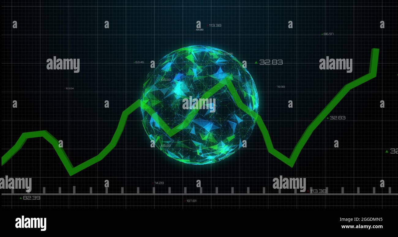 Green graph moving over globe of plexus networks against black background Stock Photo - Alamy