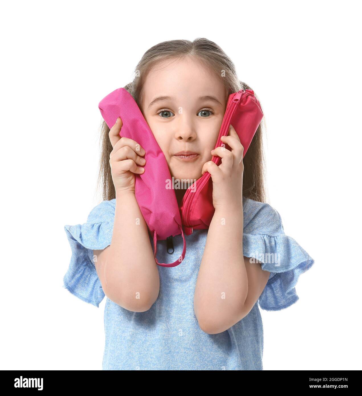Little girl with pencil cases on white background Stock Photo - Alamy