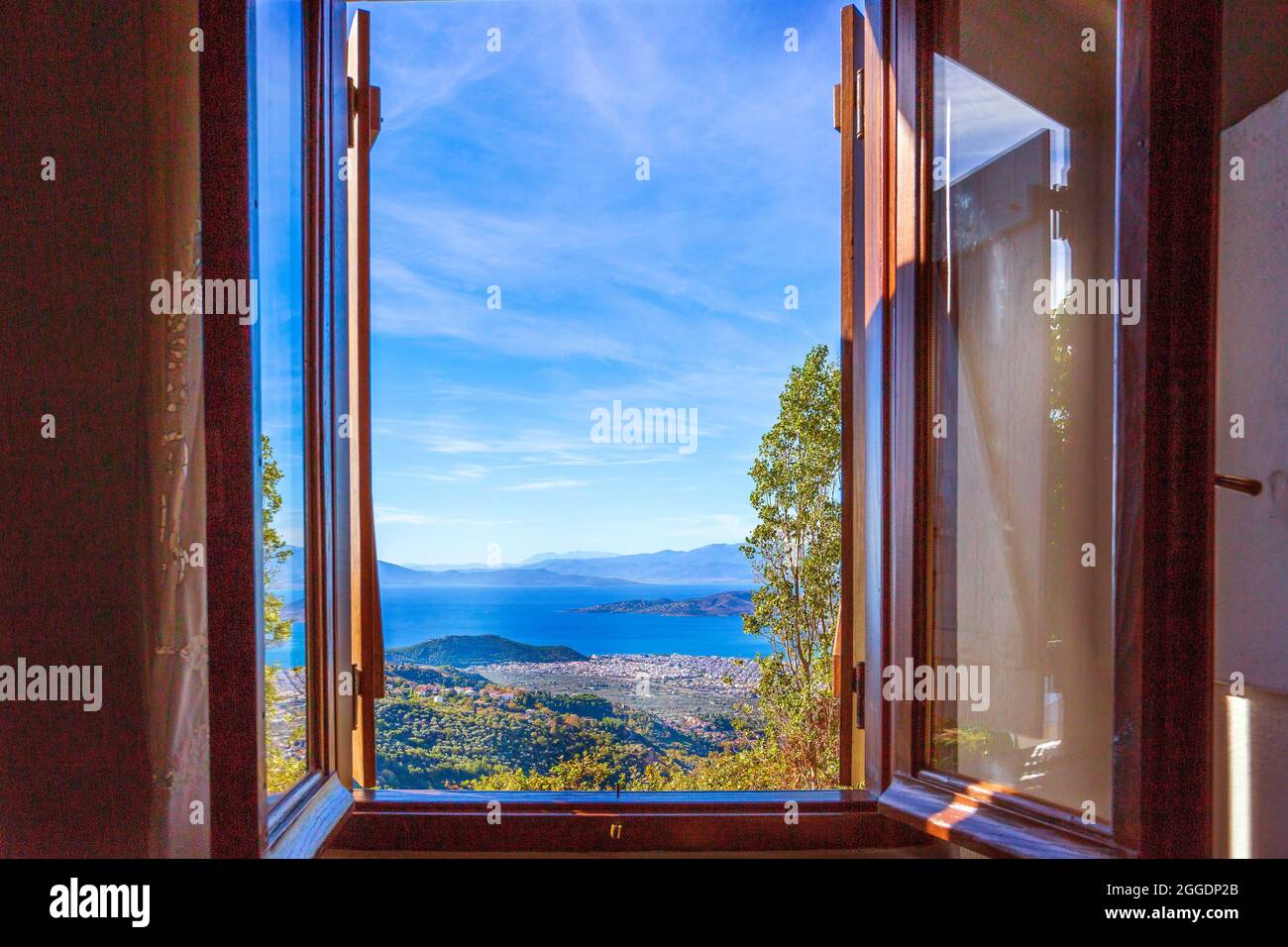 Volos city and gulf aerial view from the window at Pelion mount, Pilio ...
