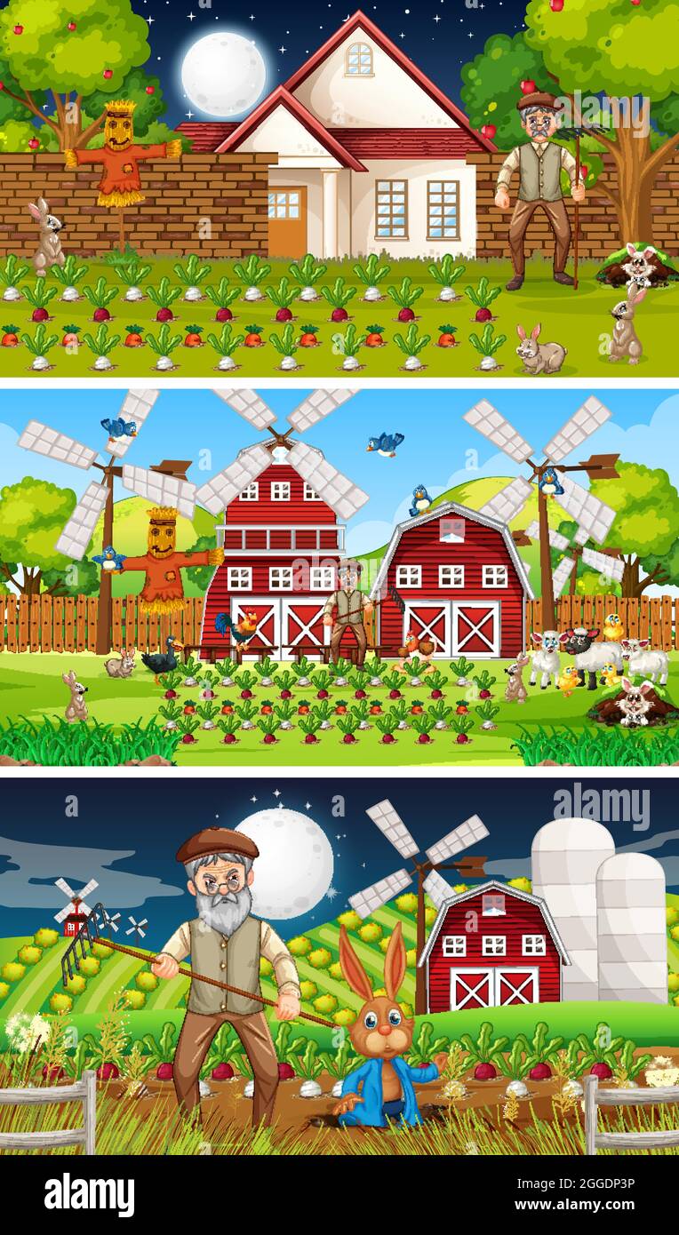 Different farm scenes with old farmer and animal cartoon character ...