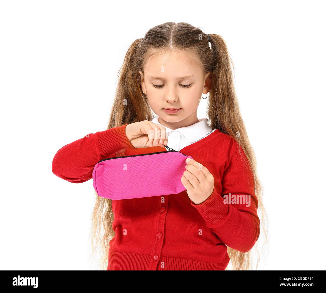 Little girl with pencil case on white background Stock Photo - Alamy