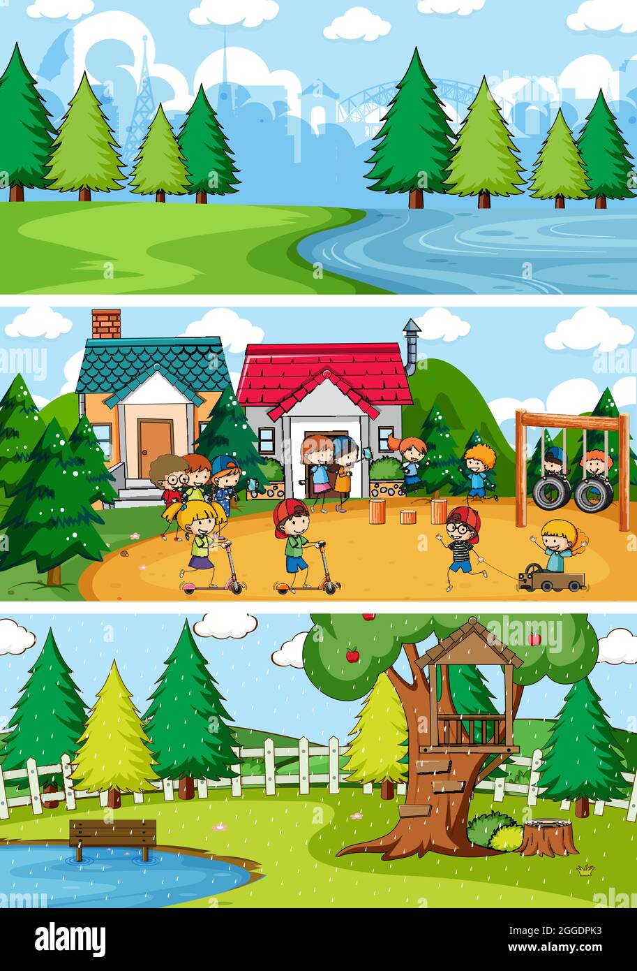 Set of different horizon scenes background with doodle kids cartoon ...