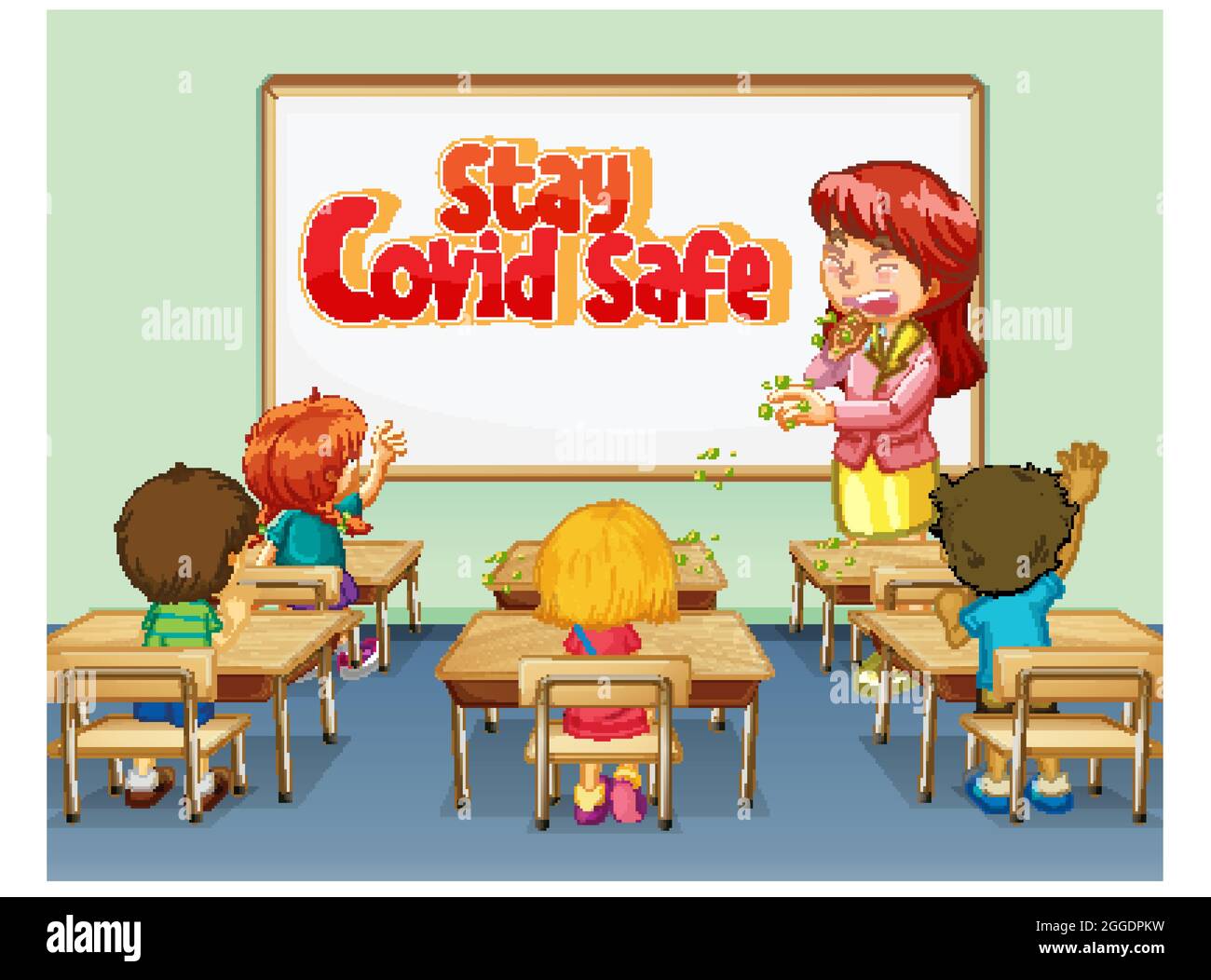 Stay Covid Safe font design on white board in the classroom scene ...