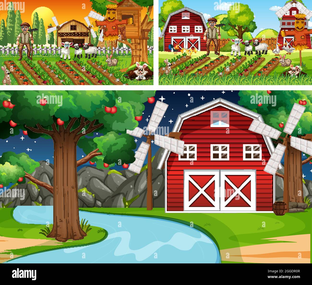 Different farm scenes with farm animals cartoon character illustration ...