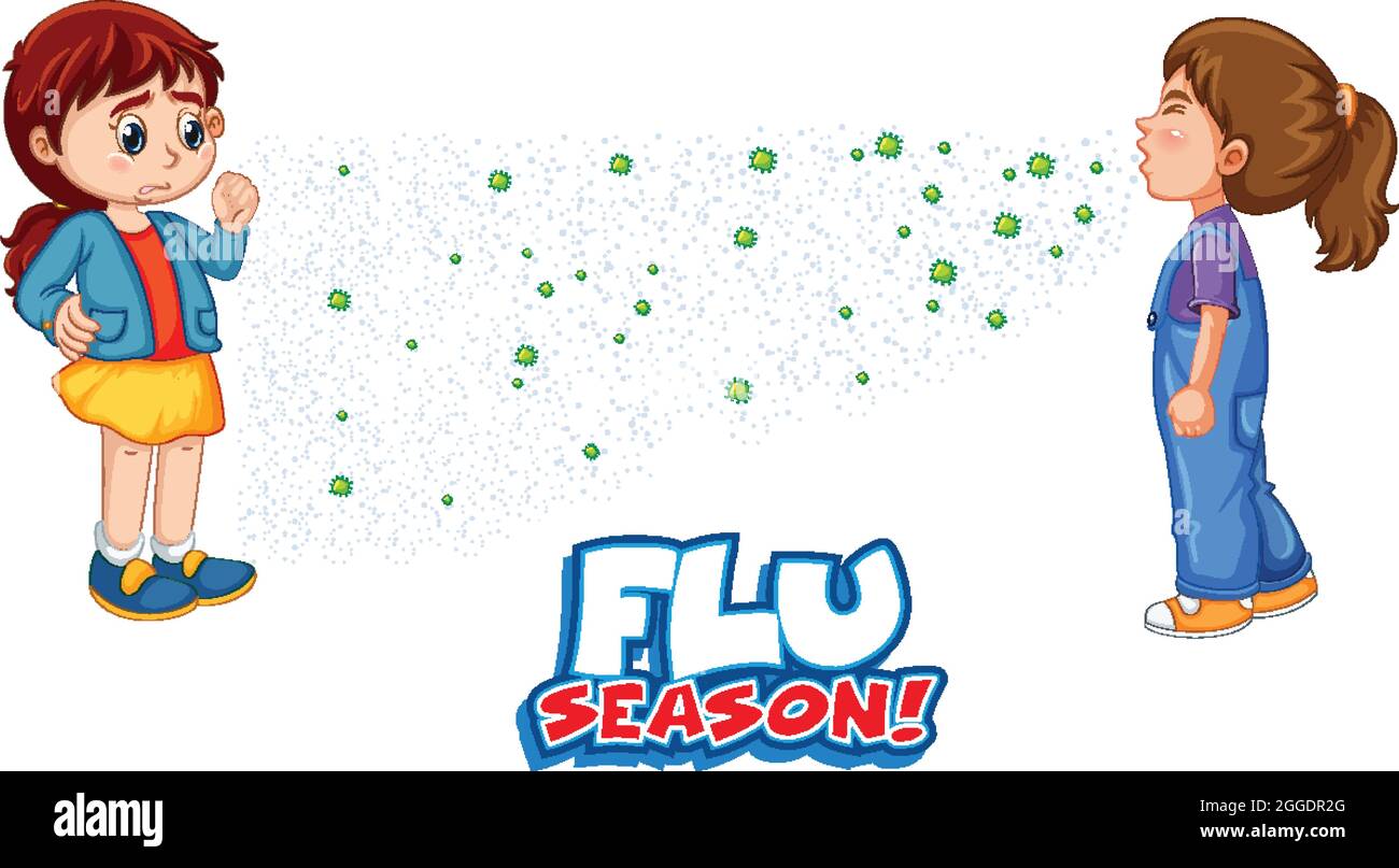 Flu Season font in cartoon style with a girl look at her friend ...