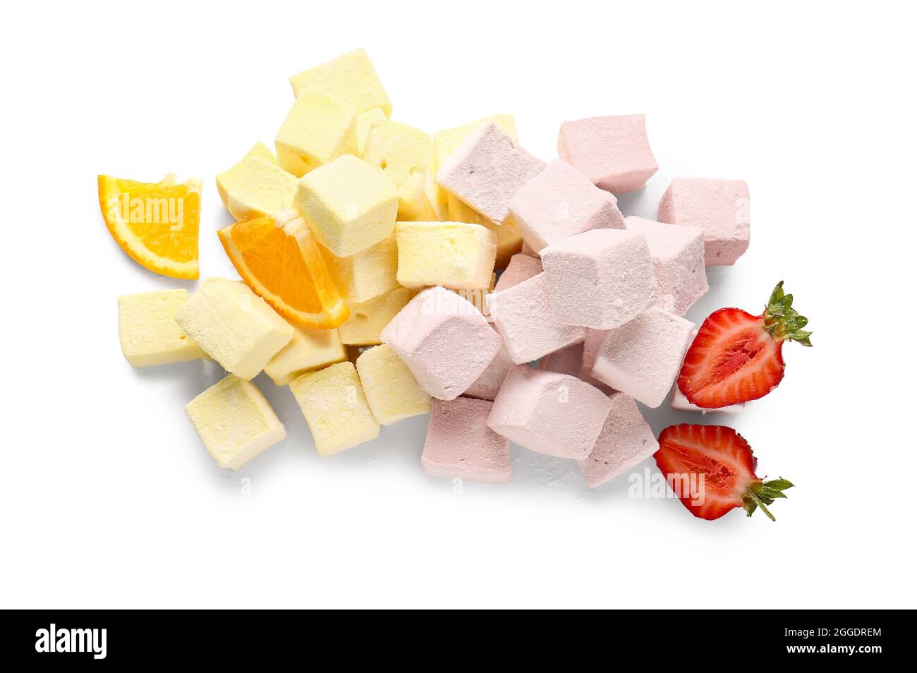 Tasty sweet marshmallows, strawberry and orange on white background ...