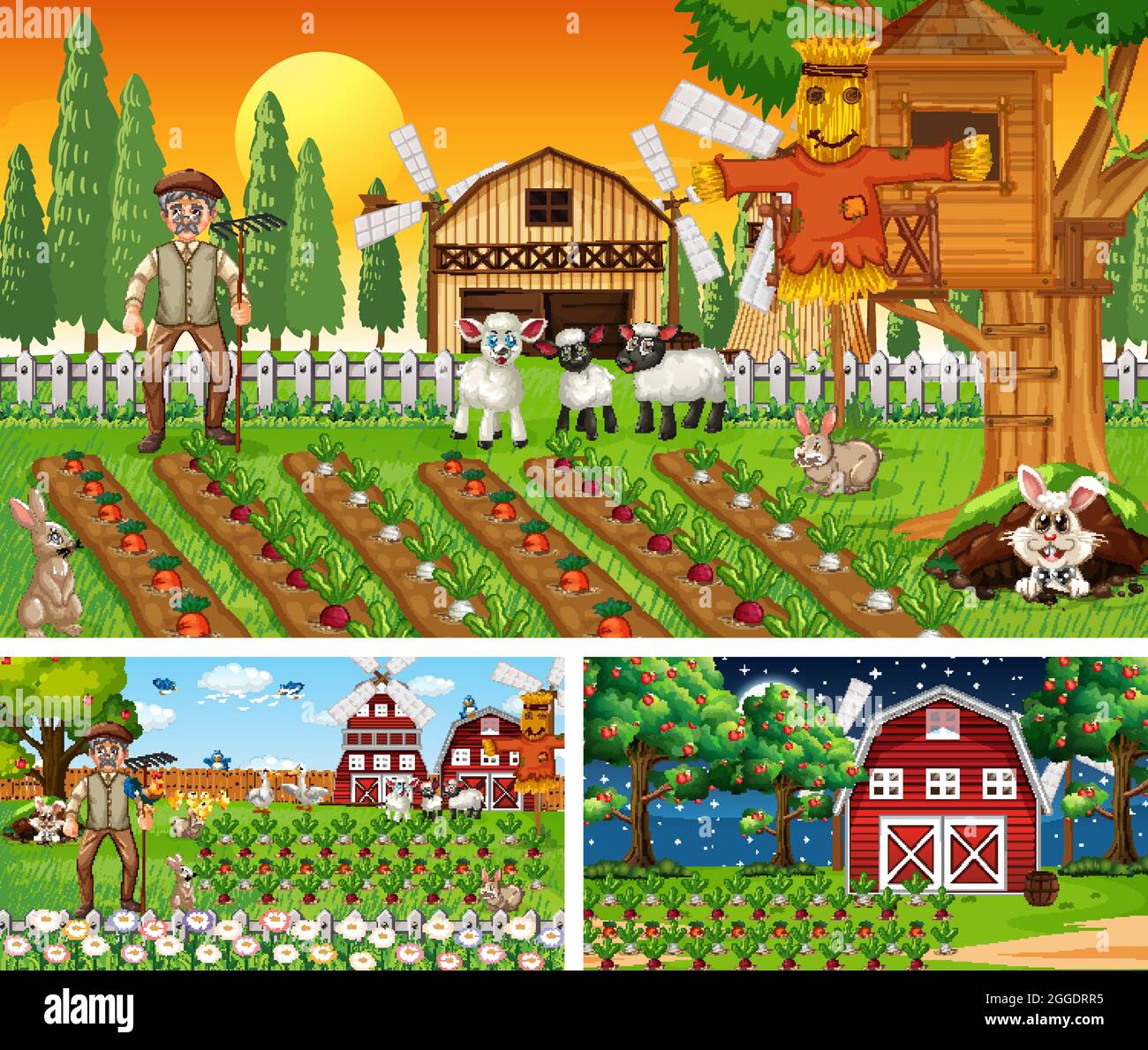 Different farm scenes with old farmer and animal cartoon character ...