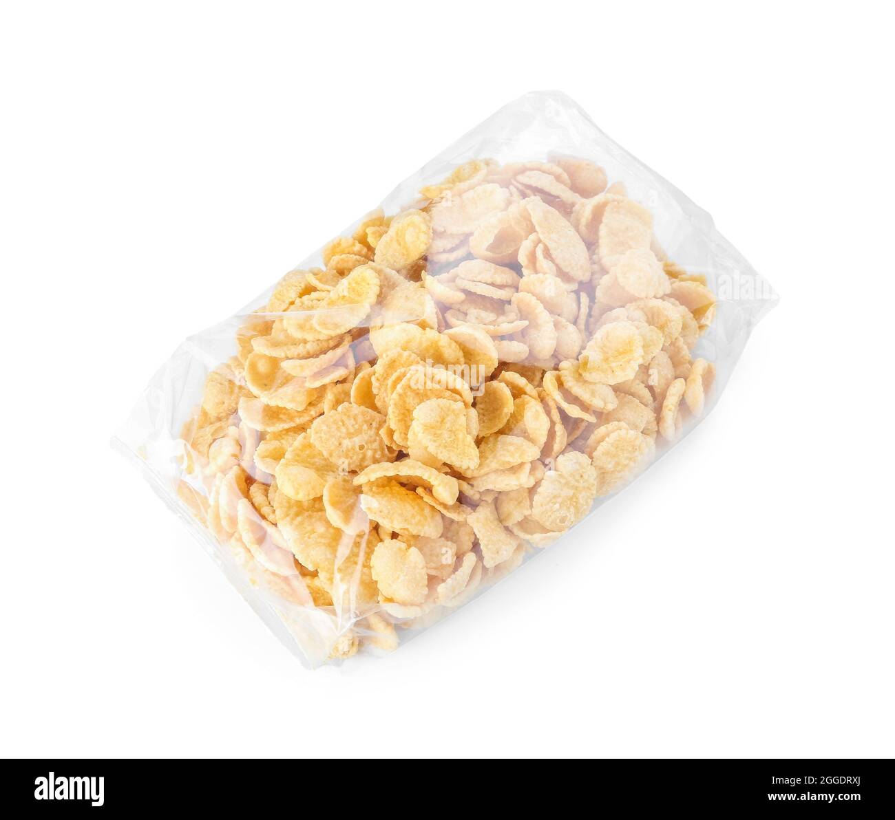 Bag with tasty corn flakes on white background Stock Photo - Alamy