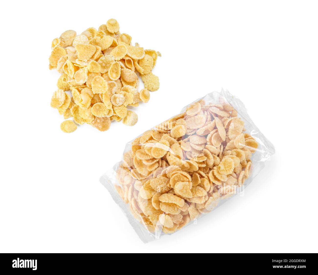 Bag with tasty corn flakes on white background Stock Photo - Alamy
