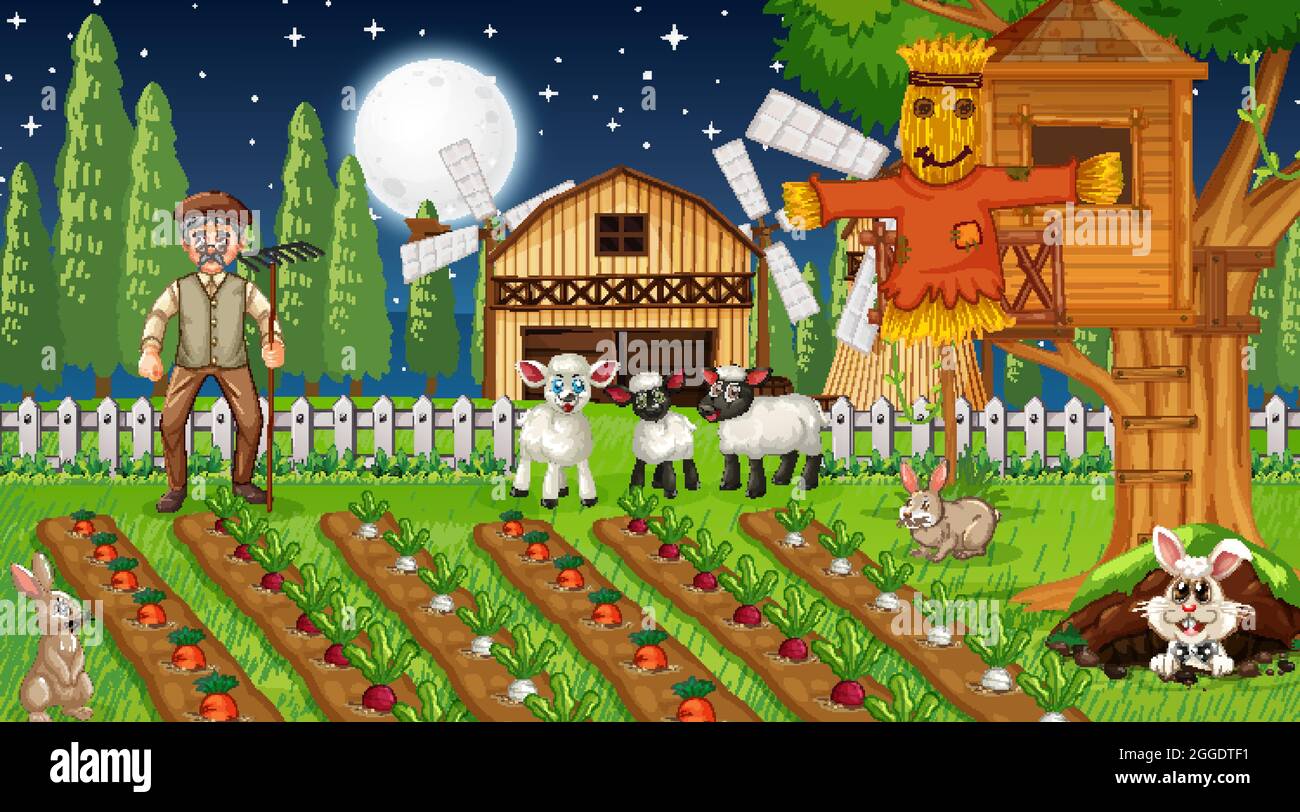 Farm scene at night with old farmer man and cute animals illustration ...