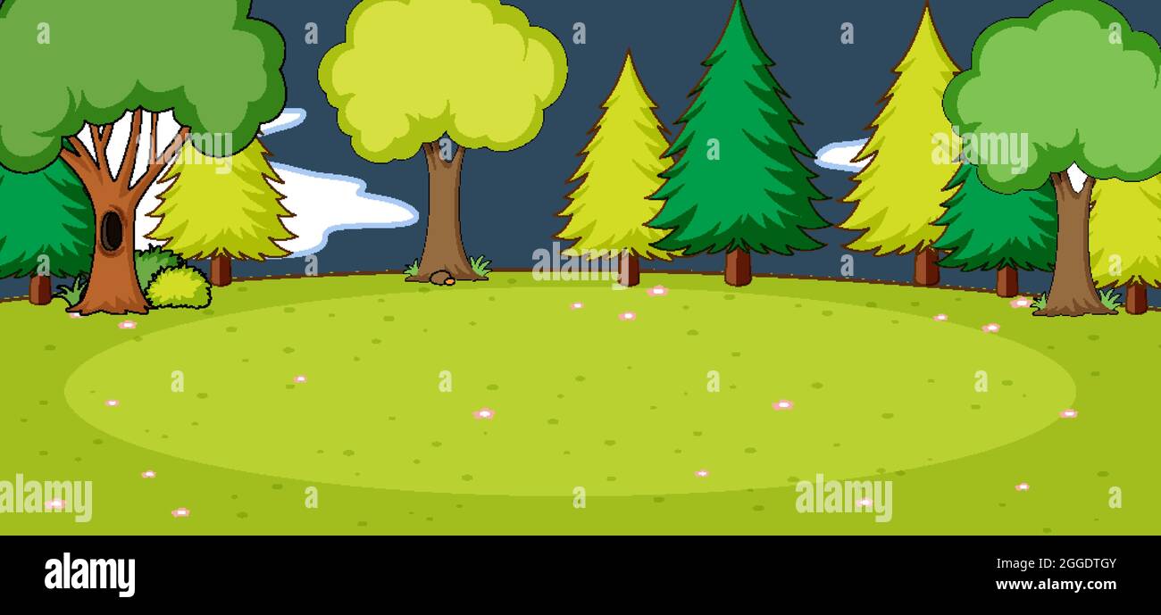 Empty park scene with many trees at night in simple style illustration ...