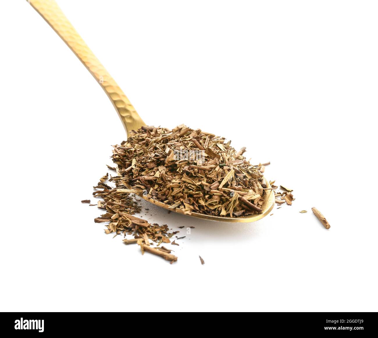 Spoon with dry hojicha green tea on white background Stock Photo - Alamy