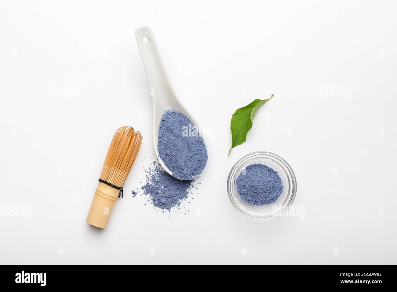 Composition with powdered blue matcha tea on white background Stock ...