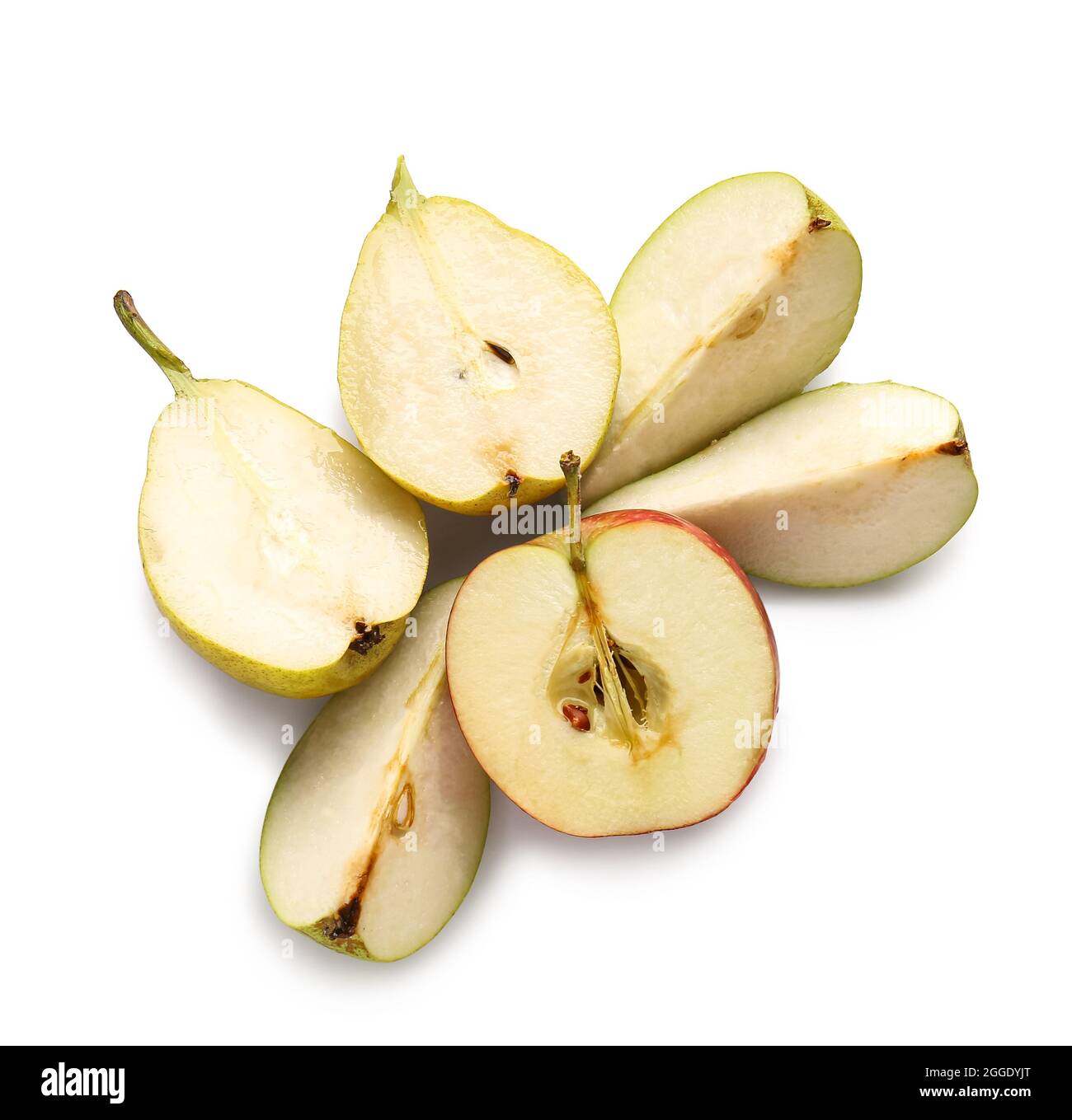Tasty cut pear and apple on white background Stock Photo - Alamy
