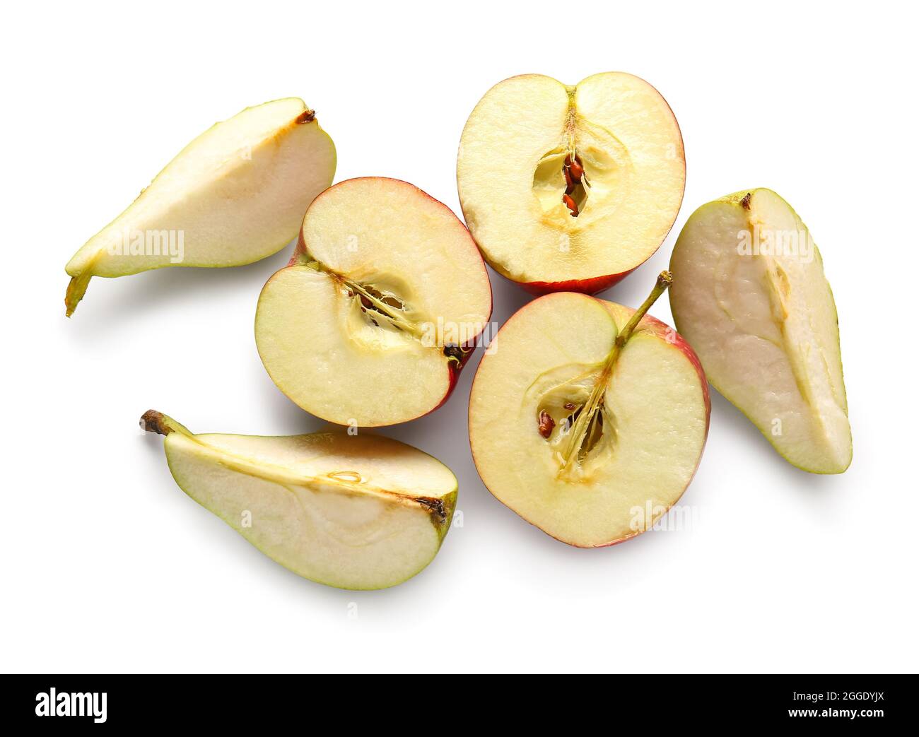 Tasty cut pear and apple on white background Stock Photo - Alamy