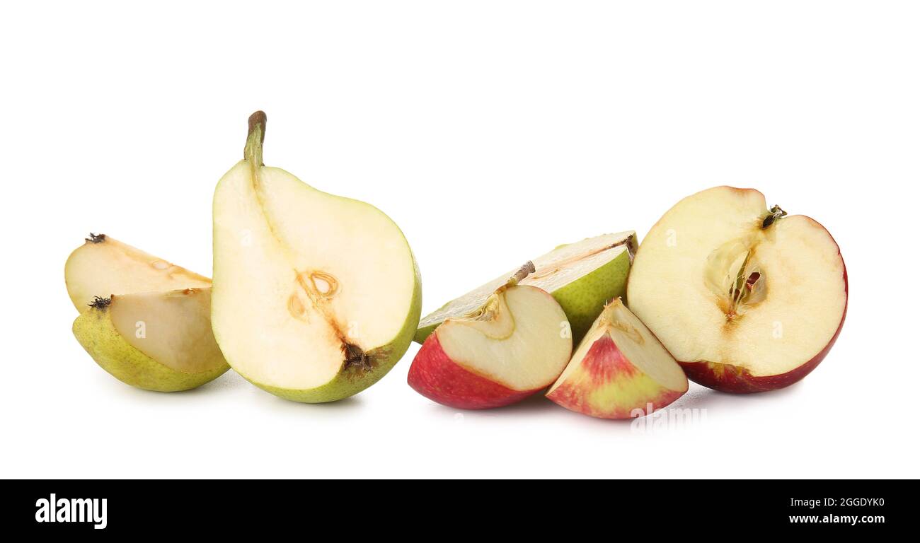 Cut pears and apples on white background Stock Photo - Alamy