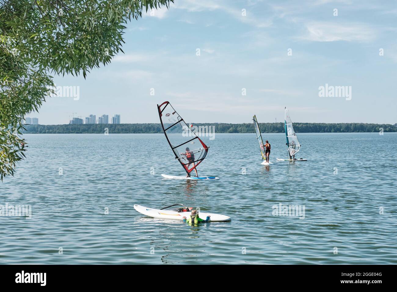 Windsurfing training. Several children floating on boards with sail on ...
