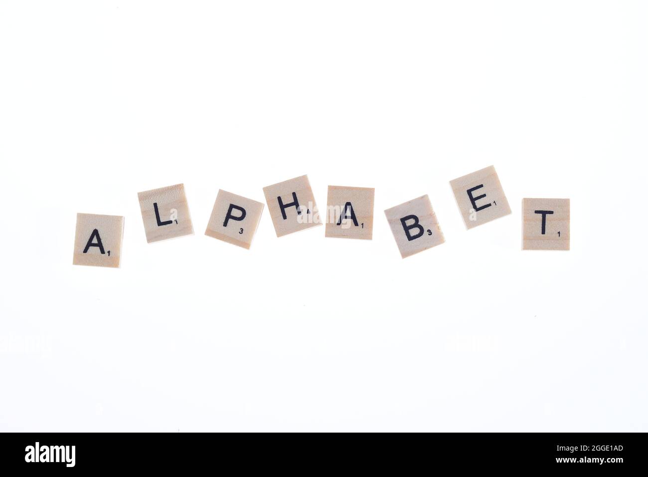 Word alphabet arranged from wooden blocks on white background Stock ...