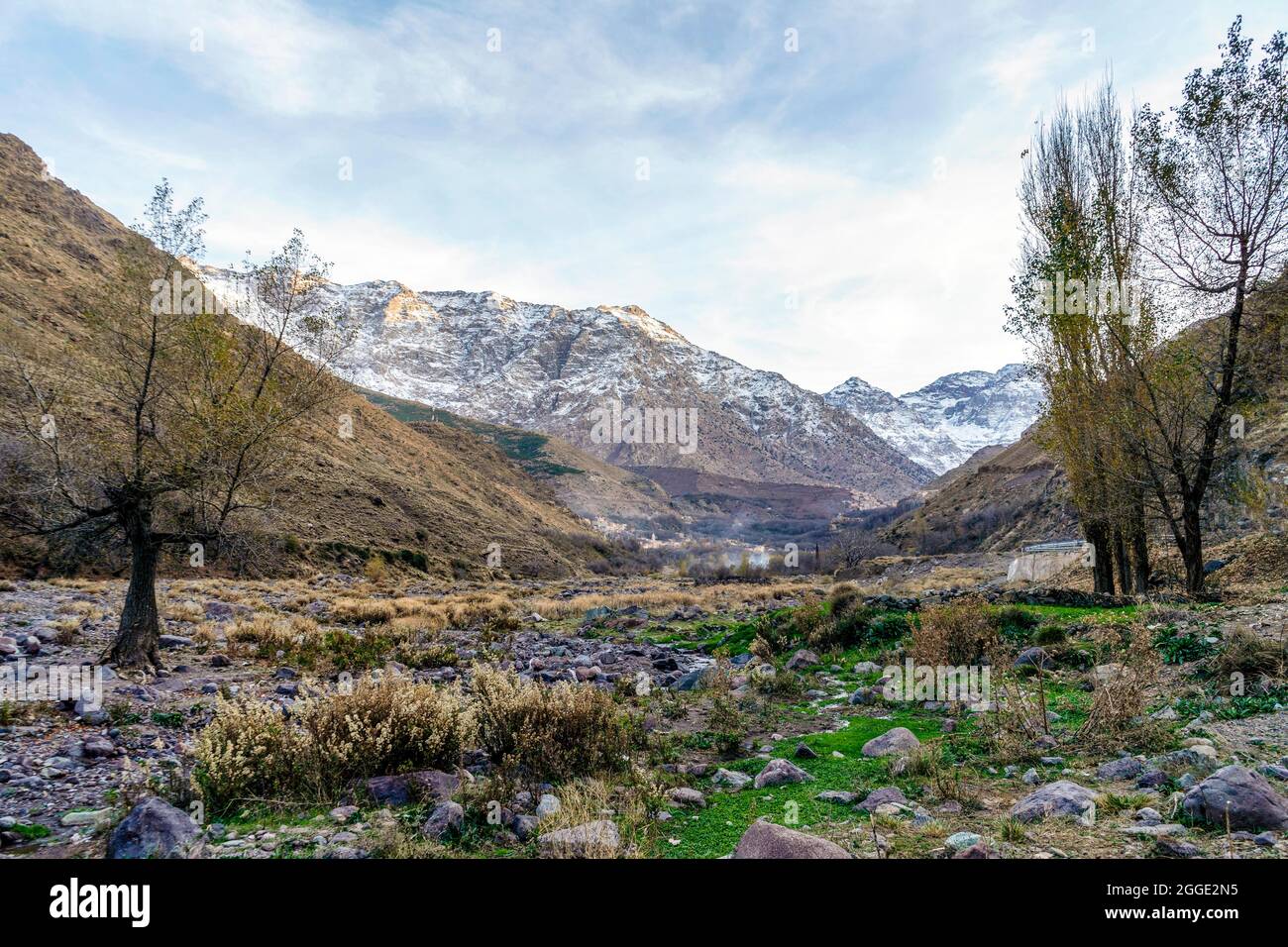 Beautiful valley with stream in Atlas mountain by sunset, Morocco Stock ...