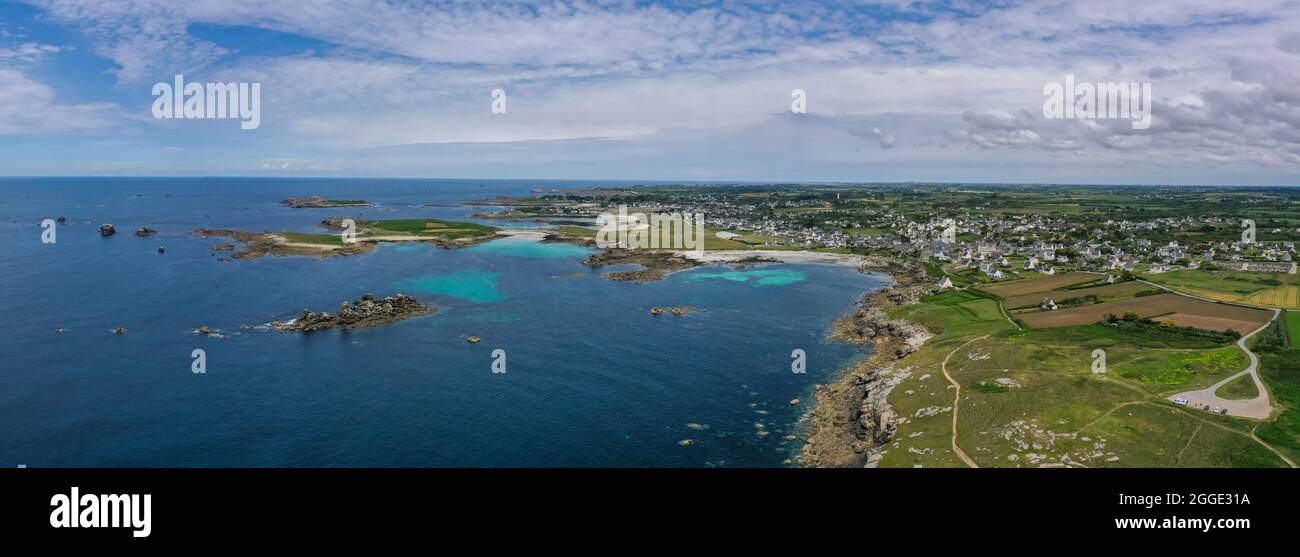 Panorama drone shot of the rugged coastline off Radenoc, with a view of ...