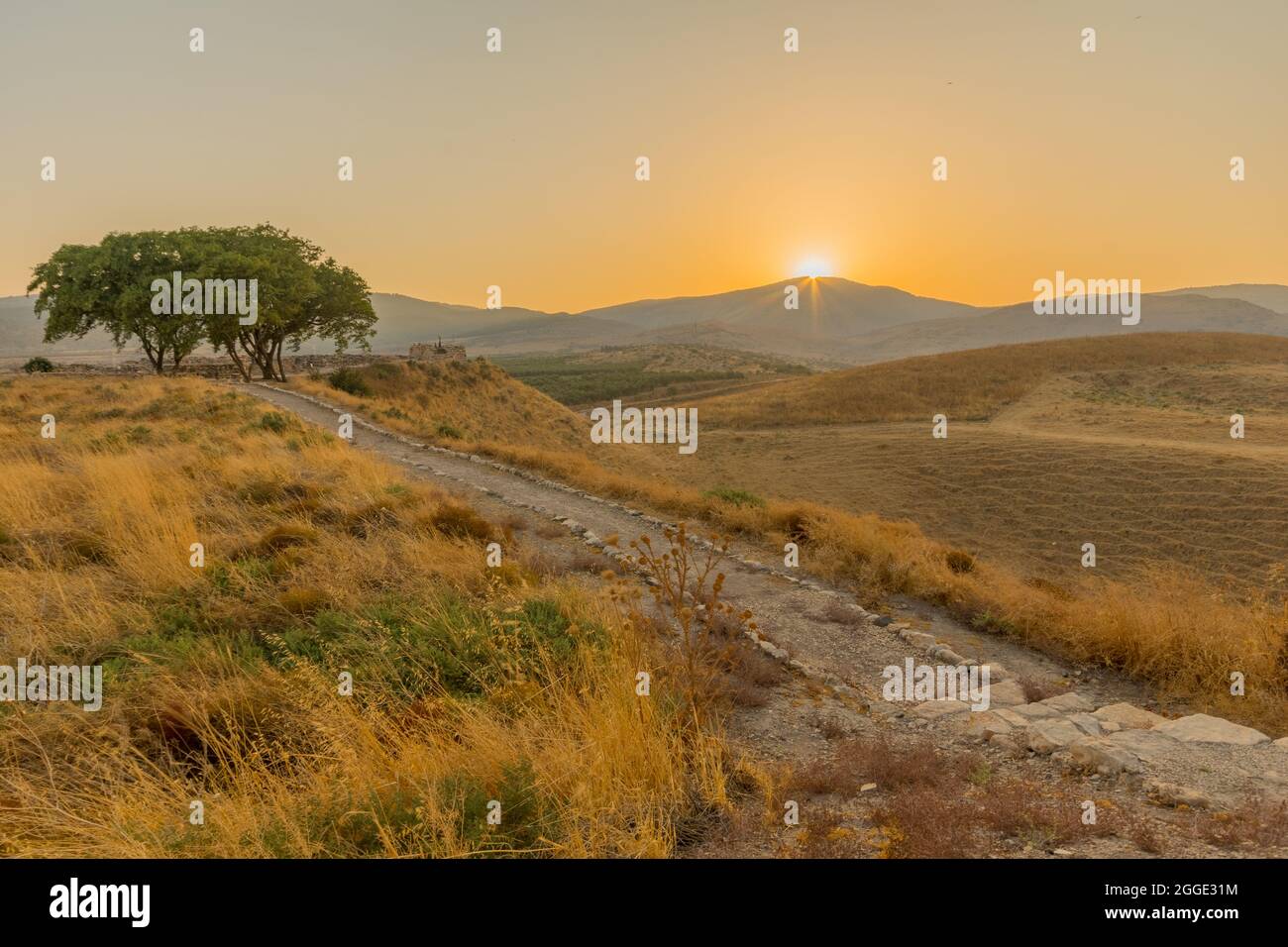 Sunset view of Hula Valley landscape with countryside and the Galilee ...