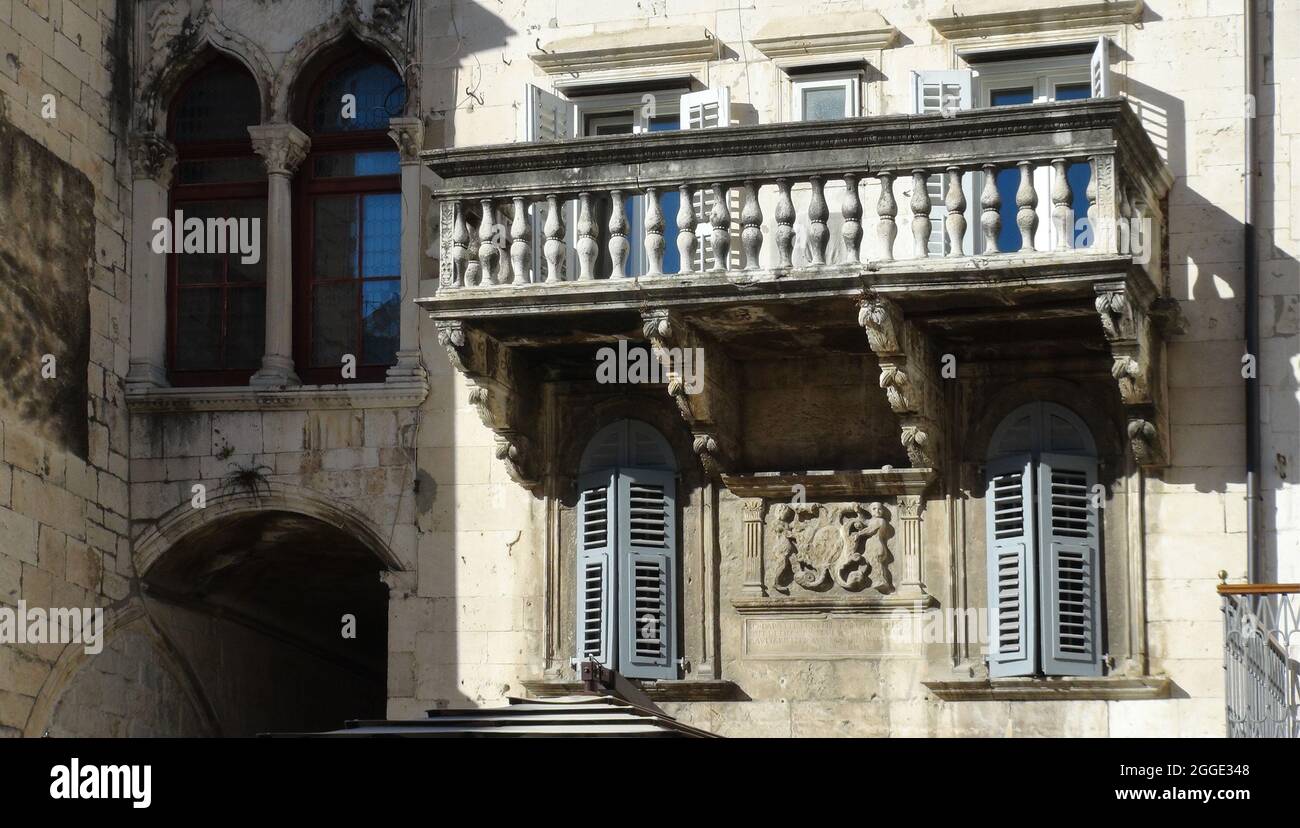 Impressive balcony of a medieval building with a coat of arms, Split ...
