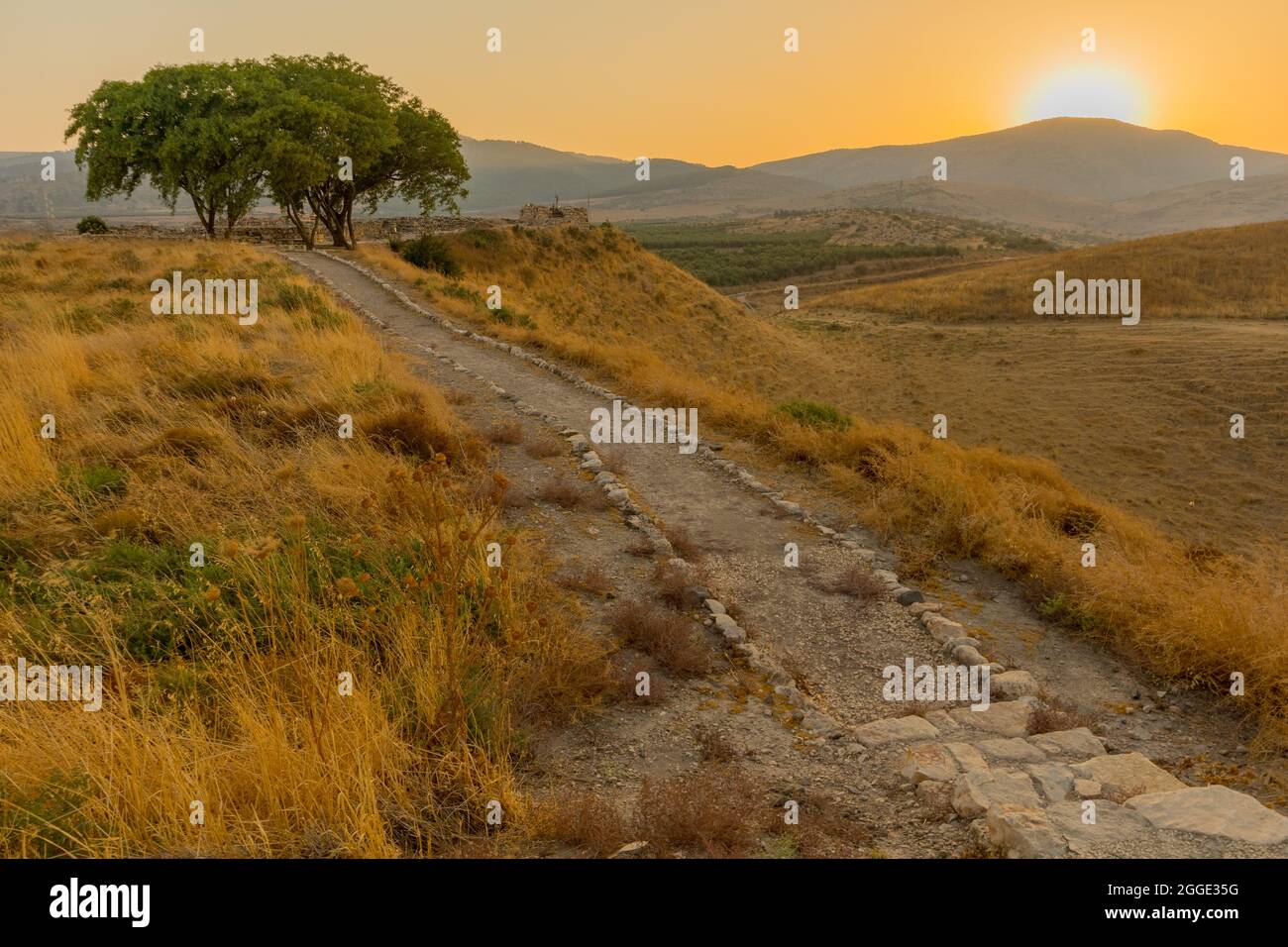 Sunset view of Hula Valley landscape with countryside and the Galilee ...
