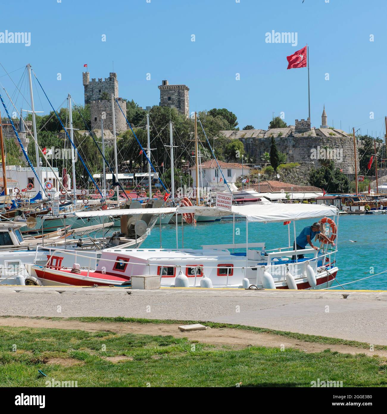 View over Brodrum harbour promenade to citadel, Bodrum, Turkey Stock ...