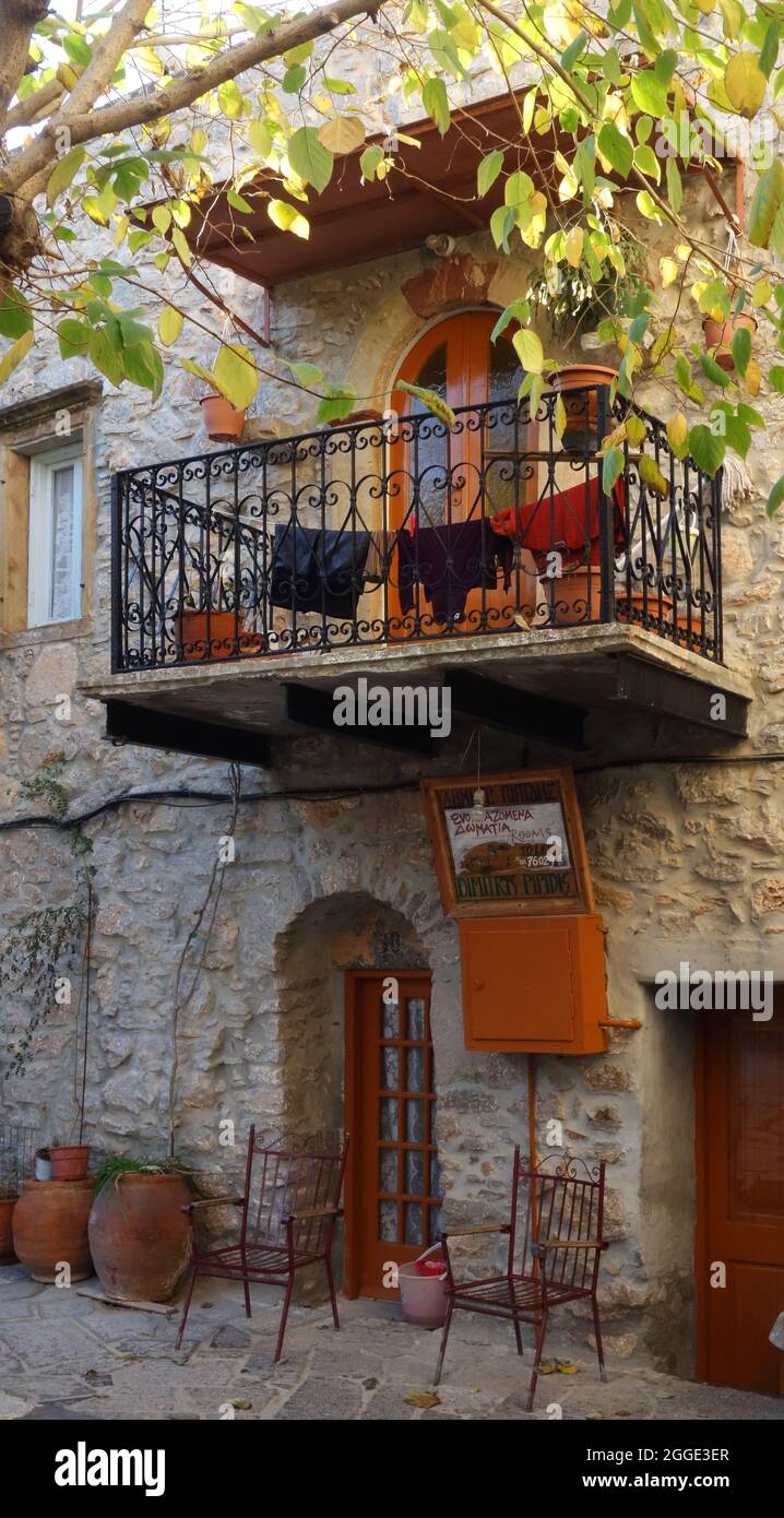 traditional old historic balcony in the picturesque village, Mesta ...