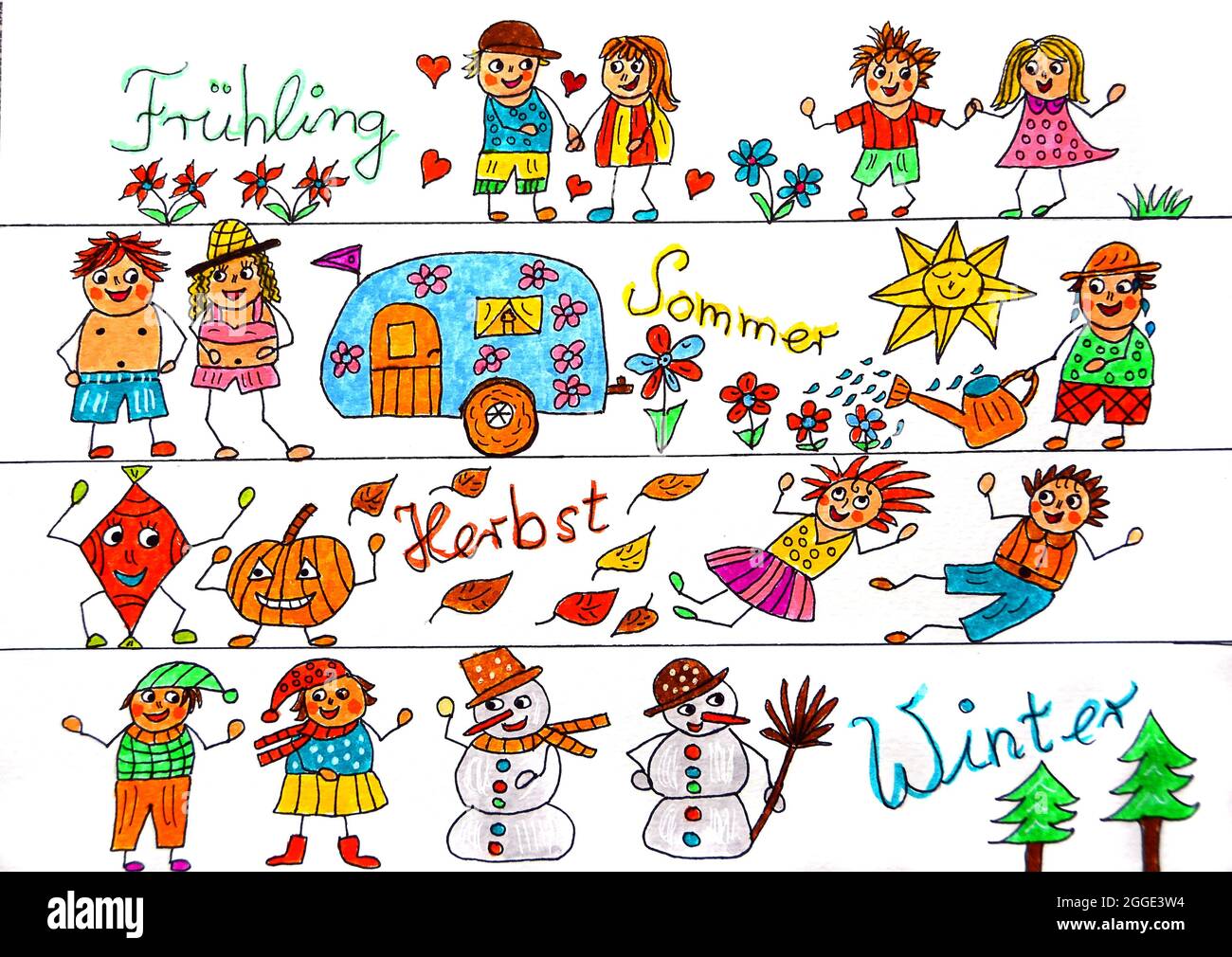 Naive illustration, stick figure, seasons Stock Photo - Alamy