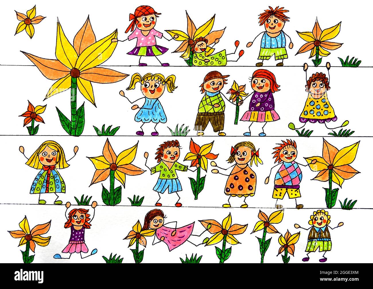 Naive illustration, stick figure, flowers Stock Photo - Alamy