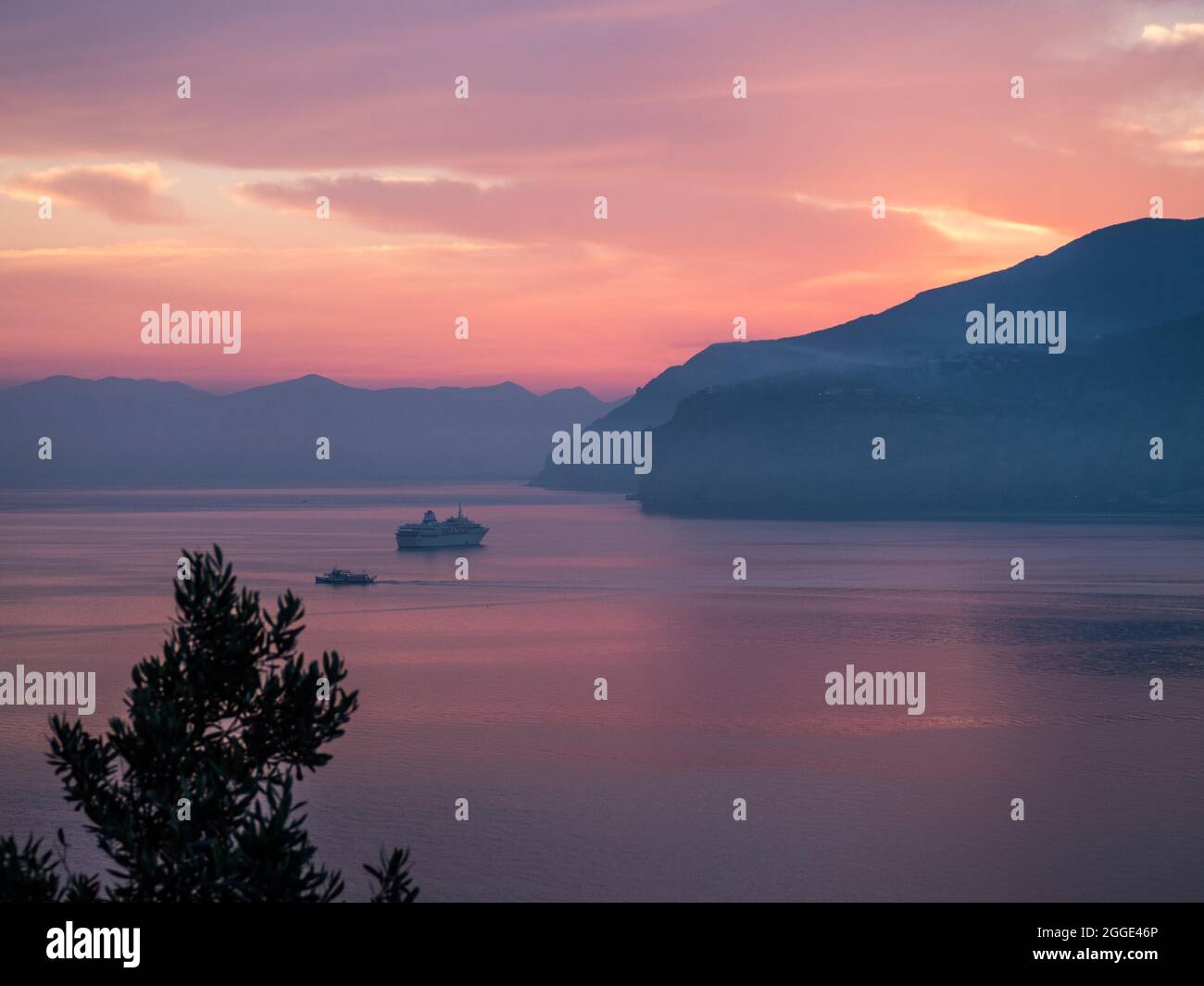Ship at anchor, dawn in front of sunrise, Gulf of Sorrento, Calabria ...