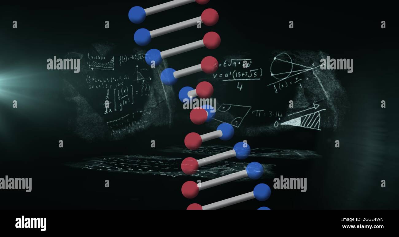 Dna structure spinning against mathematical equations against black ...
