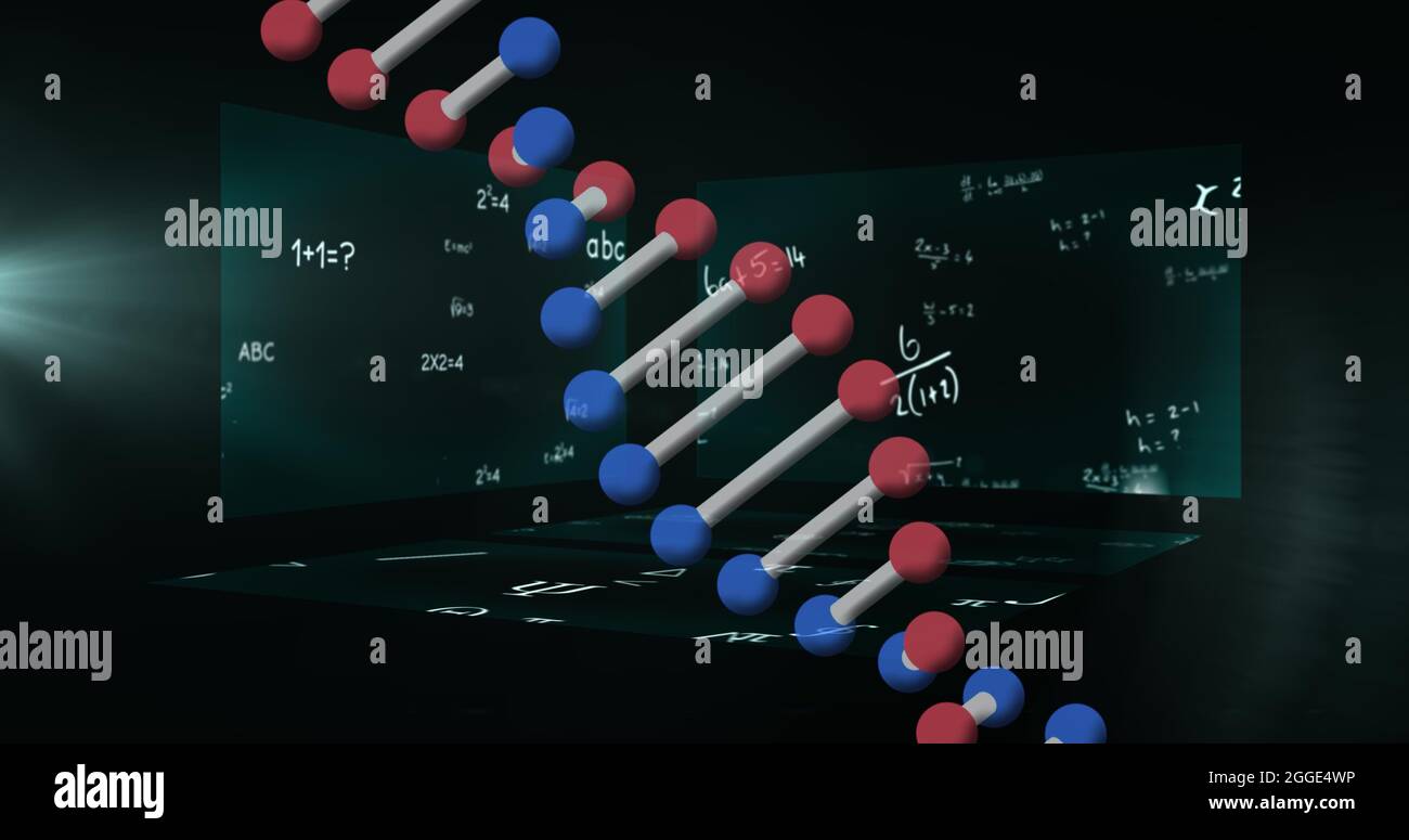 Image of dna strand spinning over equations on screens Stock Photo - Alamy