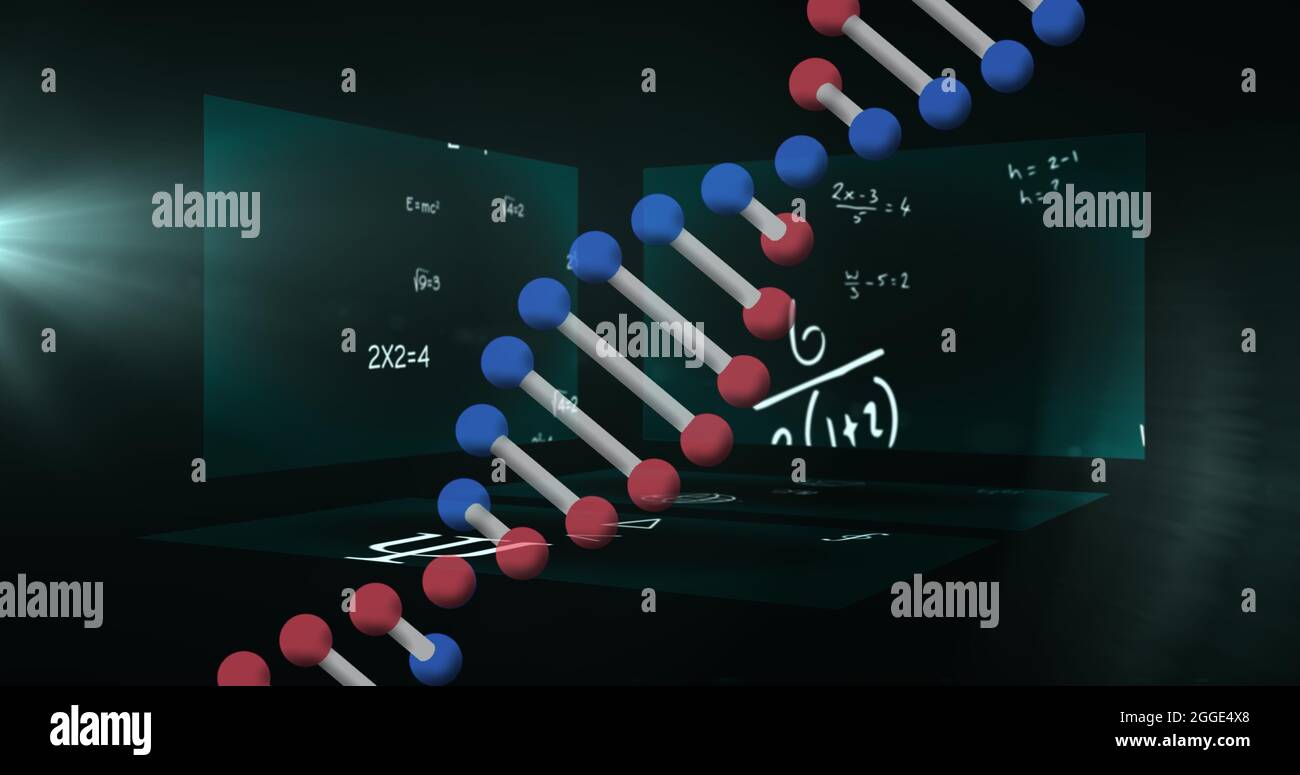 Image of dna strand spinning over equations on screens Stock Photo - Alamy