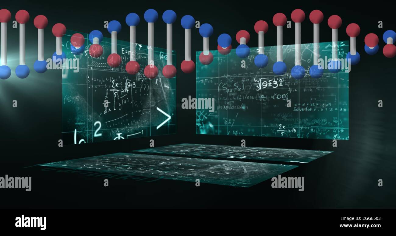 Dna structure spinning against mathematical equations against black ...