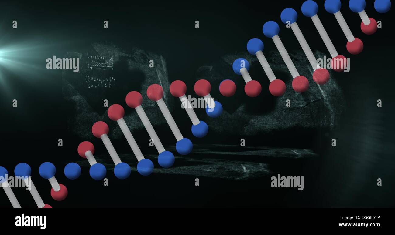 Dna structure spinning against mathematical equations against black ...